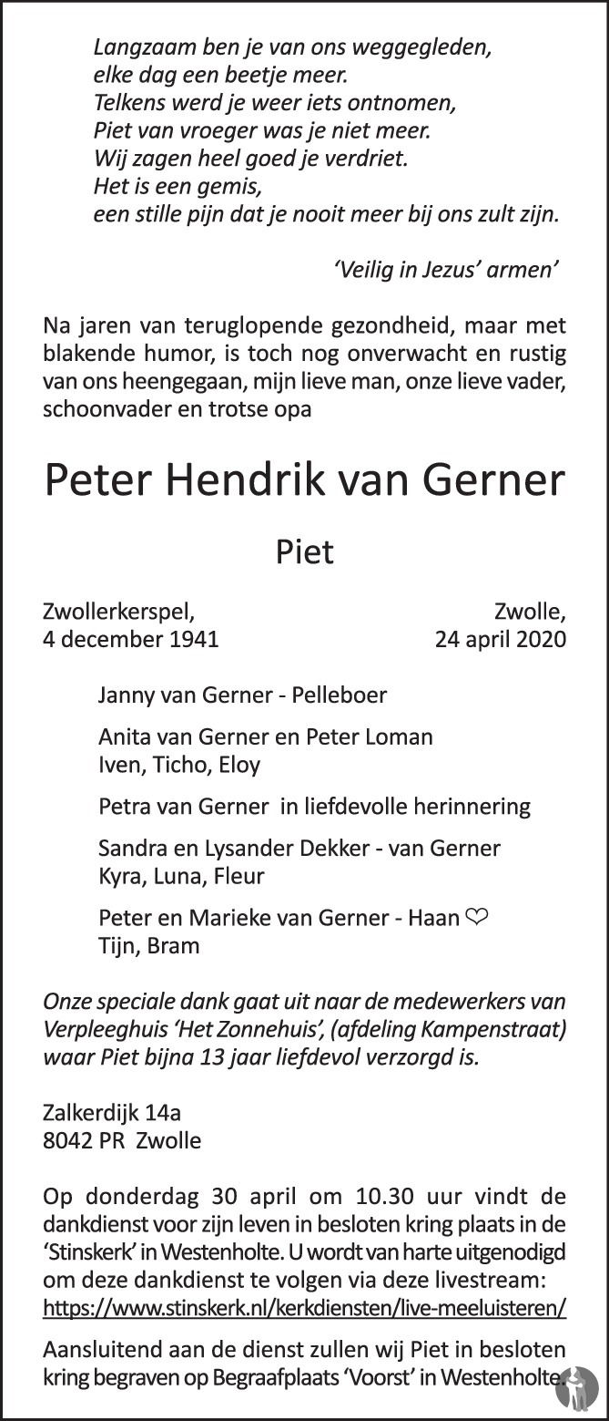 Peter Hendrik (Piet) van Gerner 24-04-2020 overlijdensbericht en ...