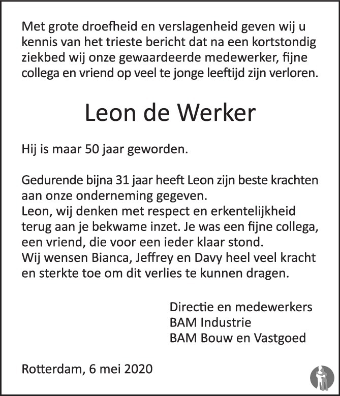 Leon de Werker 06-05-2020 overlijdensbericht en condoleances ...