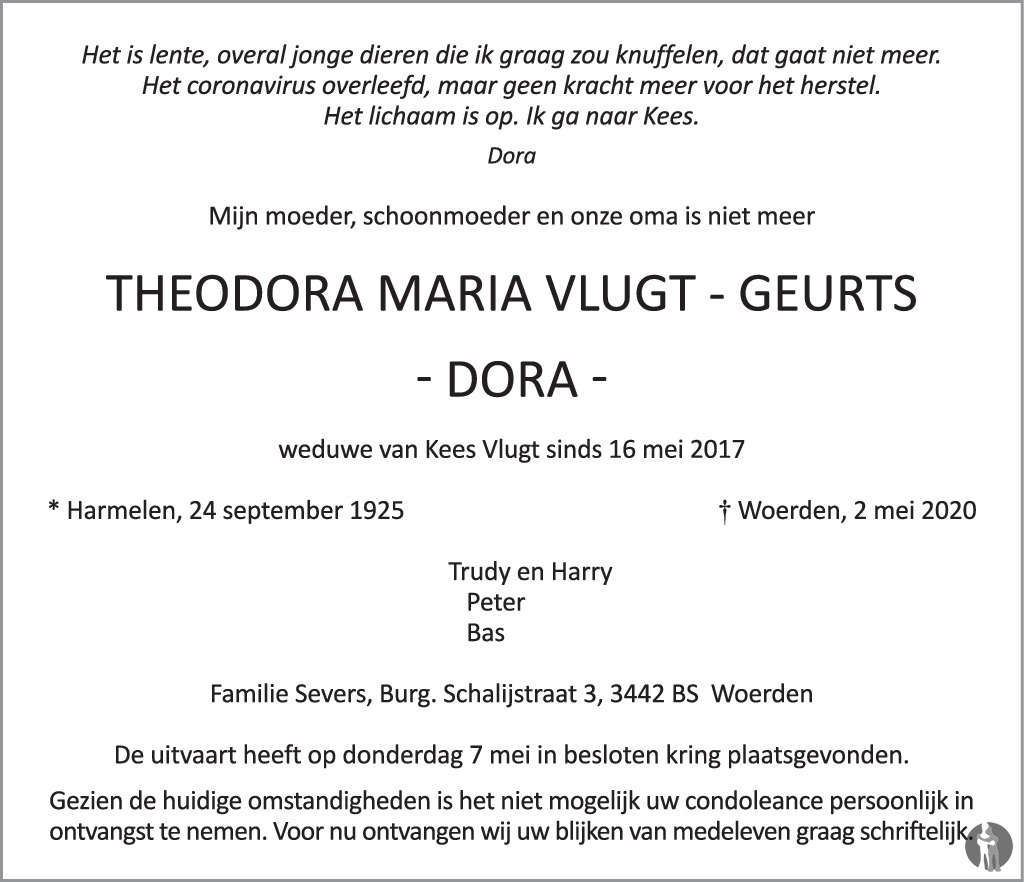 Theodora Maria (Dora) Vlugt-Geurts 02-05-2020 overlijdensbericht en ...