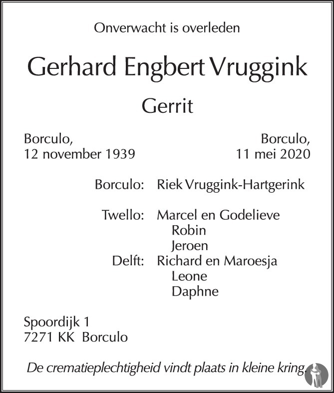 Gerhard Engbert (Gerrit) Vruggink 11-05-2020 overlijdensbericht en ...