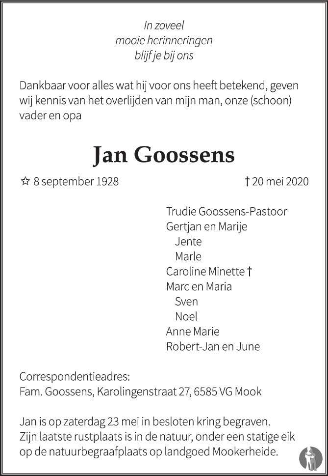 Jan Goossens 20-05-2020 overlijdensbericht en condoleances - Mensenlinq.nl