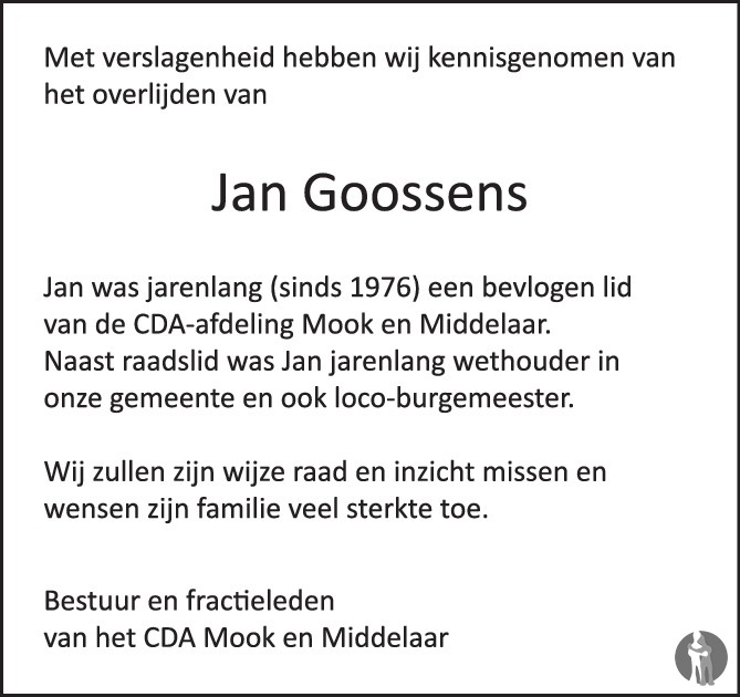 Jan Goossens 20-05-2020 overlijdensbericht en condoleances - Mensenlinq.nl