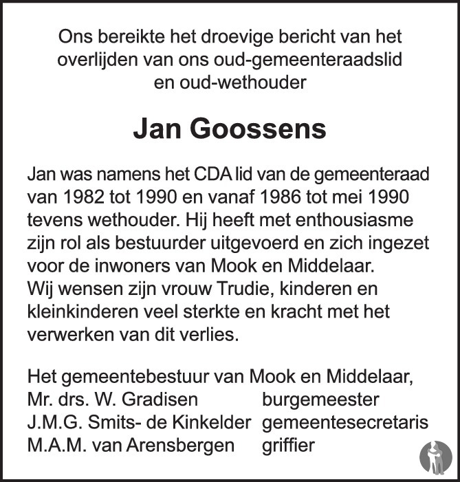 Jan Goossens 20-05-2020 overlijdensbericht en condoleances - Mensenlinq.nl