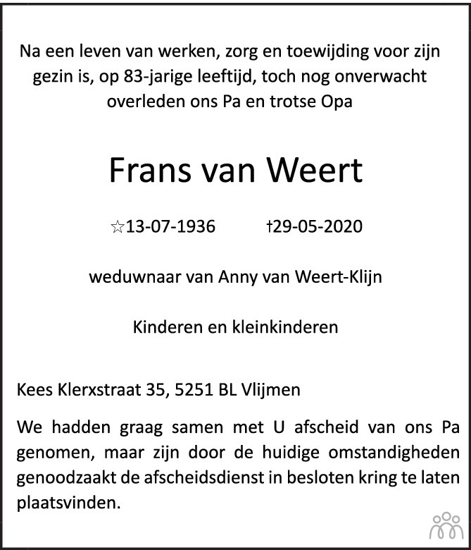 Frans van Weert 29-05-2020 overlijdensbericht en condoleances ...
