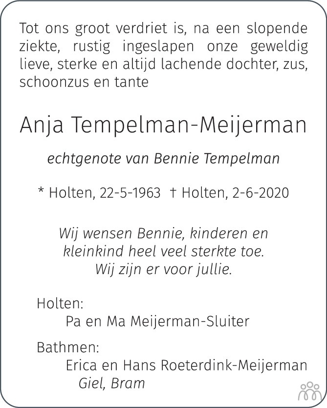 Anja (Johanna Geertruida) Tempelman-Meijerman 02-06-2020 overlijdensbericht en condoleances ...