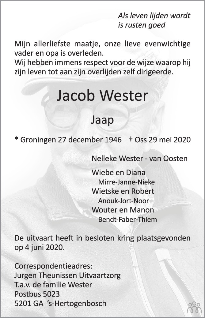 Jacob (Jaap) Wester 29-05-2020 overlijdensbericht en condoleances ...