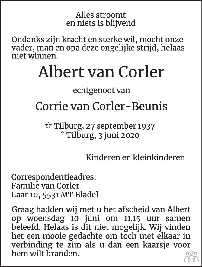 Albert van Corler 03-06-2020 overlijdensbericht en condoleances ...