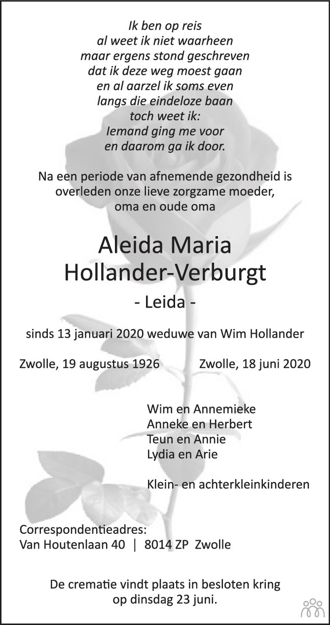Aleida Maria (Leida) Hollander-Verburgt 18-06-2020 overlijdensbericht ...