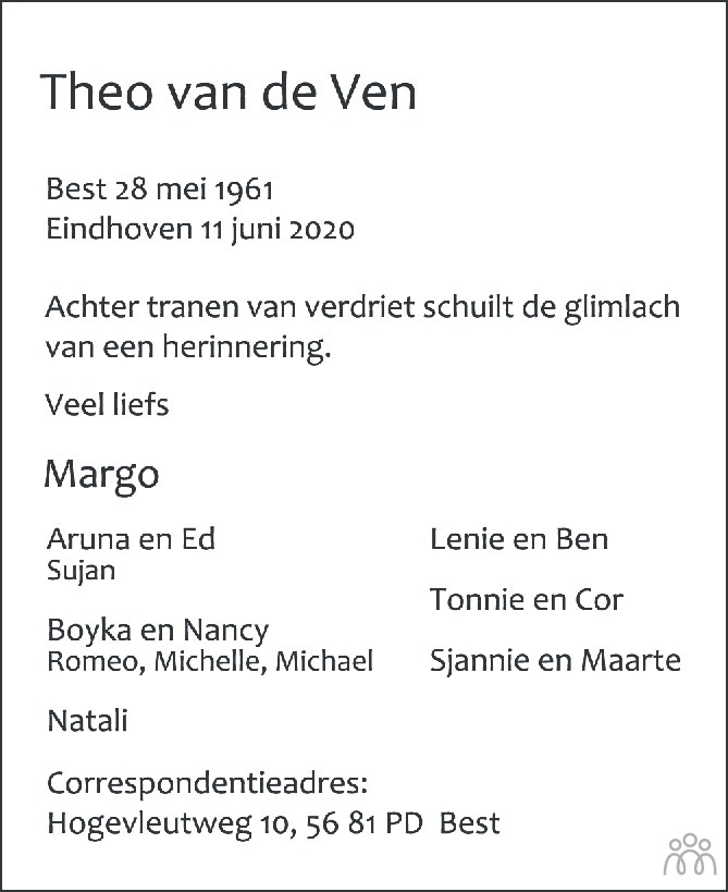 Theo van de Ven 11-06-2020 overlijdensbericht en condoleances ...