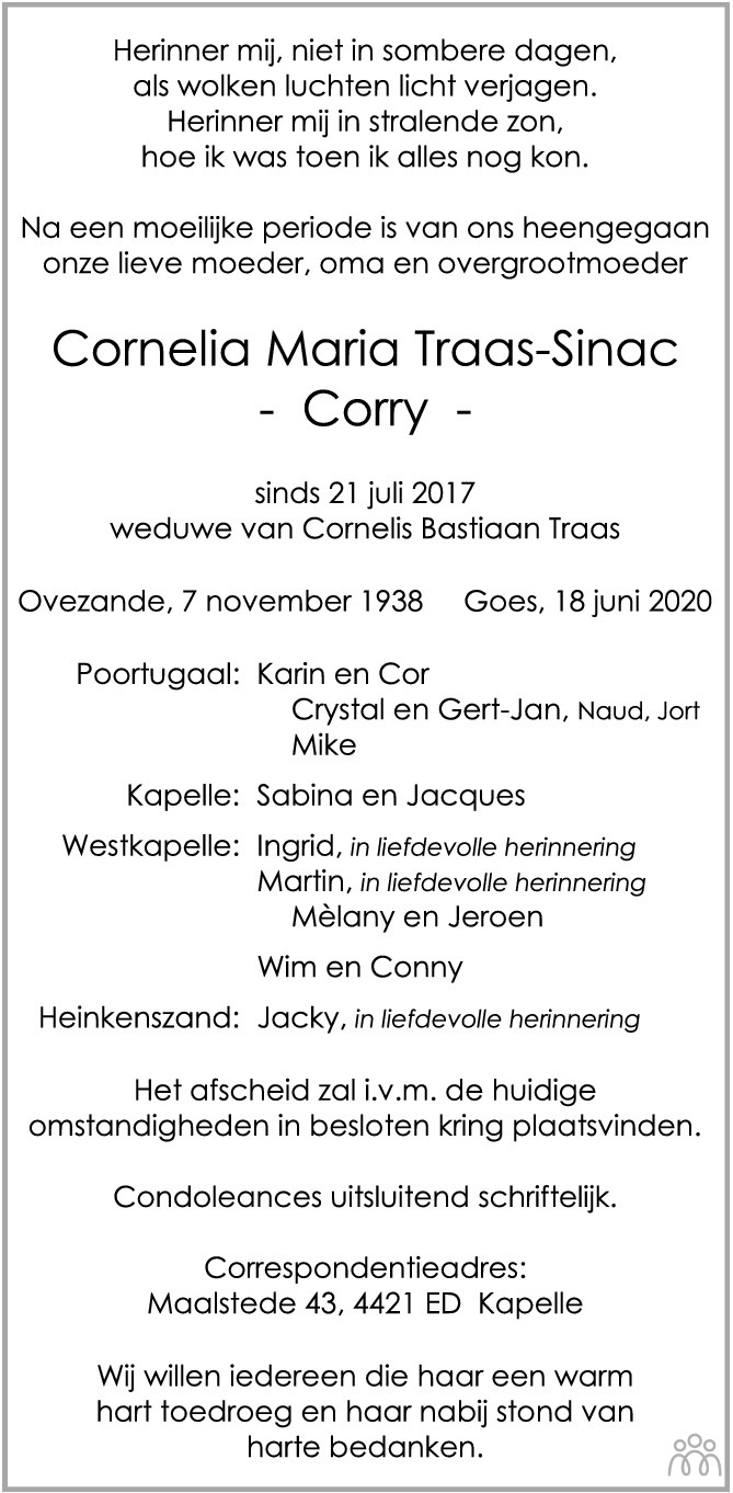 Cornelia Maria (Corry) Traas-Sinac 18-06-2020 overlijdensbericht en ...