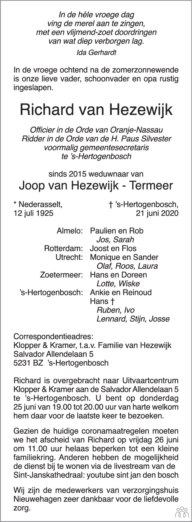Richard van Hezewijk 21-06-2020 overlijdensbericht en condoleances ...