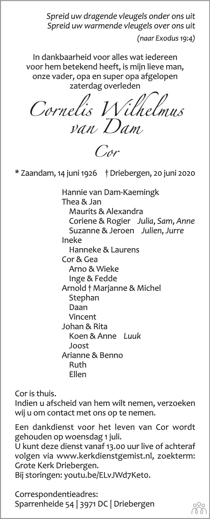 Cornelis Wilhelmus (Cor) van Dam 20-06-2020 overlijdensbericht en ...