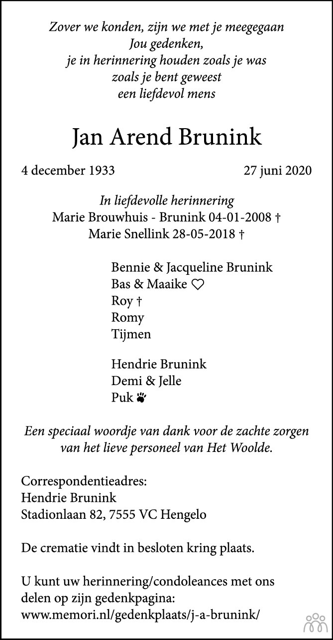 Jan Arend Brunink 27-06-2020 overlijdensbericht en condoleances ...