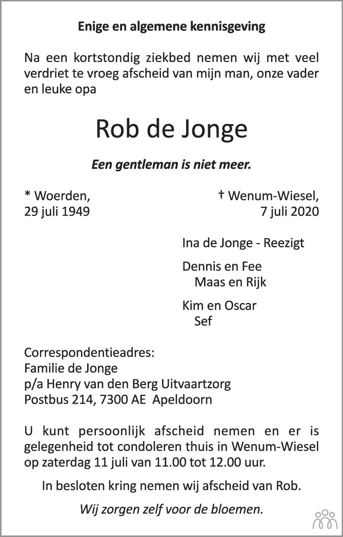 Rob de Jonge 07-07-2020 overlijdensbericht en condoleances - Mensenlinq.nl