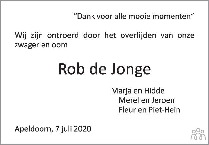 Rob de Jonge 07-07-2020 overlijdensbericht en condoleances - Mensenlinq.nl