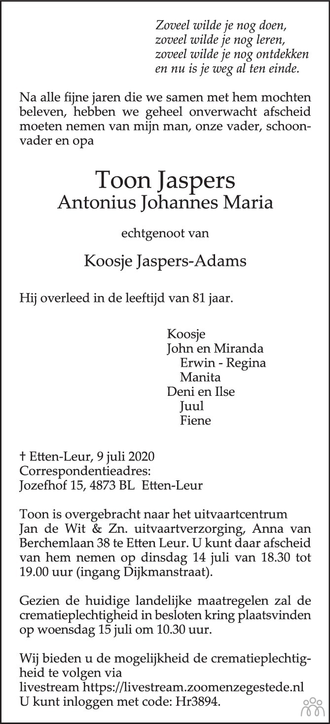 Toon (Antonius Johannes Maria) Jaspers 09-07-2020 overlijdensbericht en ...
