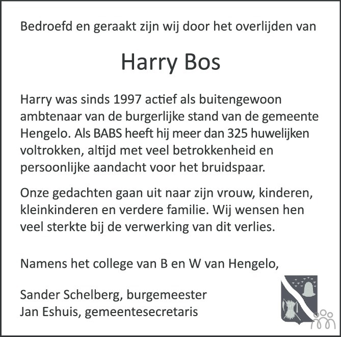 Harry Bos 09-07-2020 overlijdensbericht en condoleances - Mensenlinq.nl