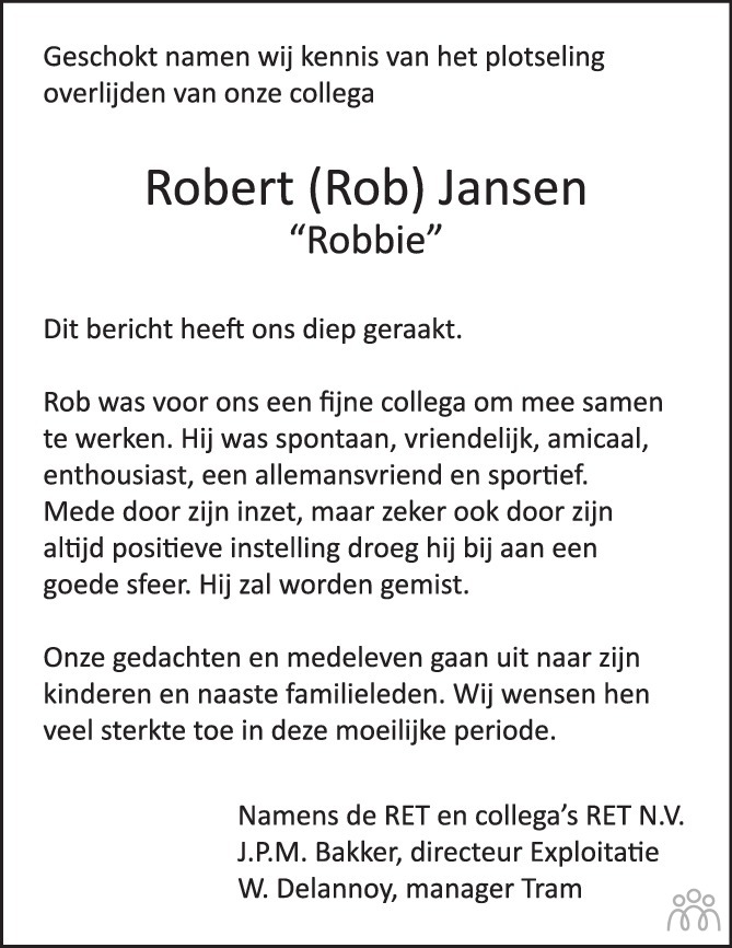 Robert (Rob) Robbie Jansen 09-07-2020 overlijdensbericht en ...