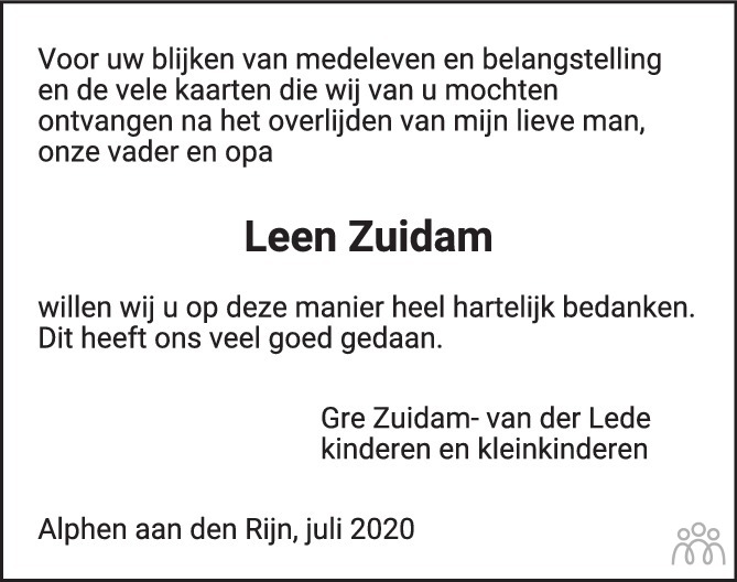 Leendert (Leen) Zuidam 16-06-2020 overlijdensbericht en condoleances ...
