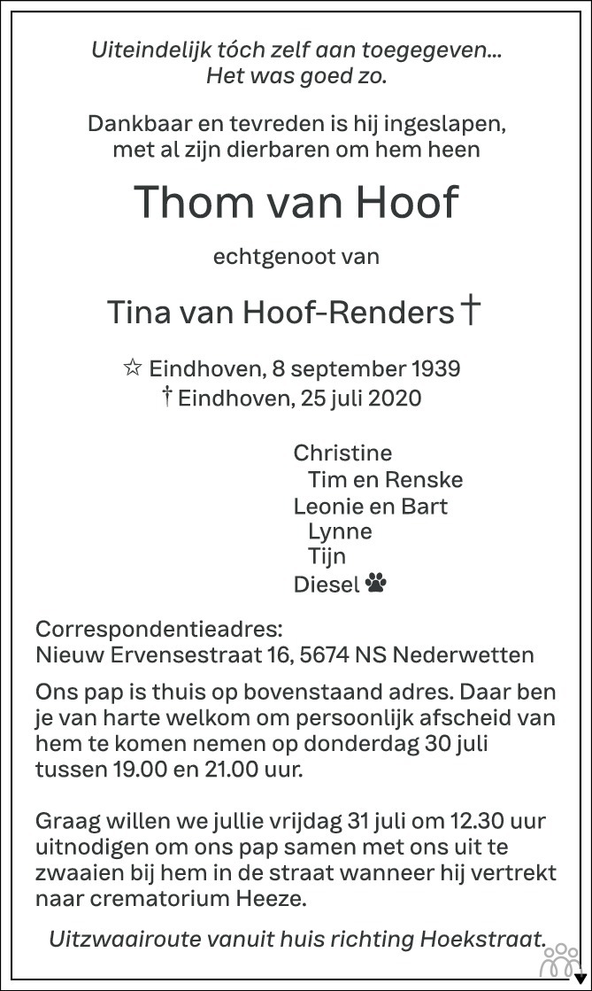 Thom van Hoof 25-07-2020 overlijdensbericht en condoleances - Mensenlinq.nl
