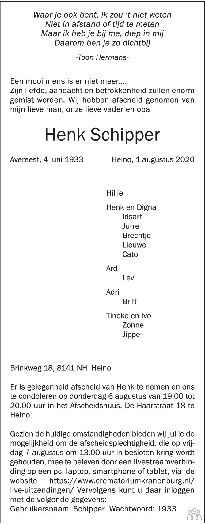 Henk Schipper 01-08-2020 overlijdensbericht en condoleances - Mensenlinq.nl