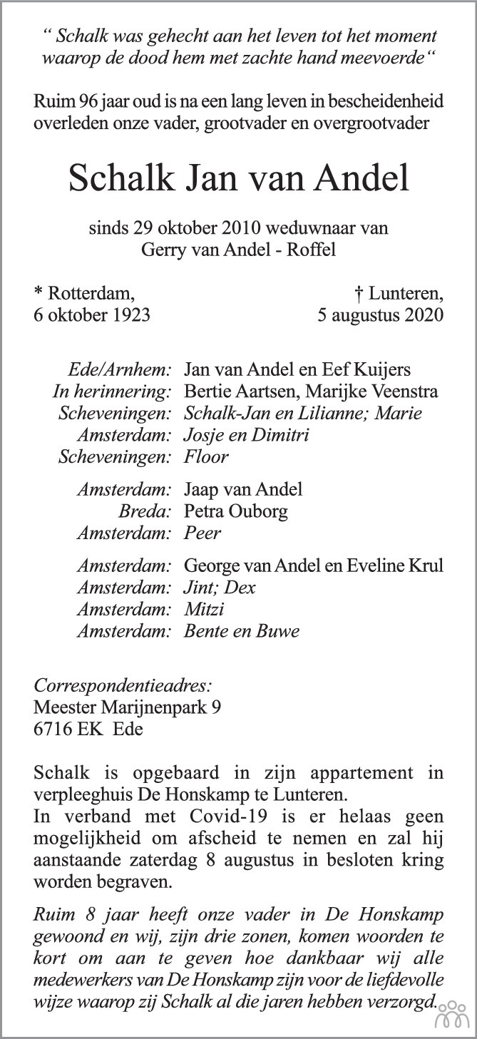 Schalk Jan van Andel 05-08-2020 overlijdensbericht en condoleances ...