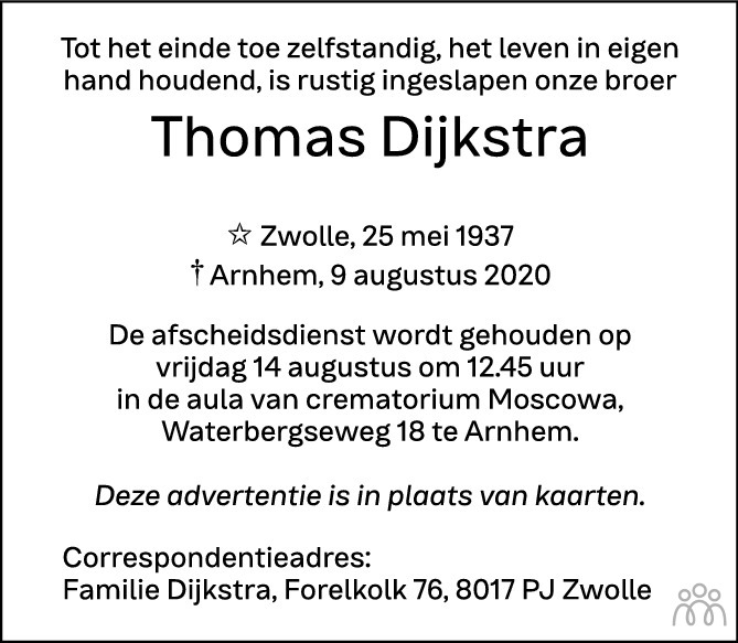 Thomas Dijkstra 09-08-2020 overlijdensbericht en condoleances ...