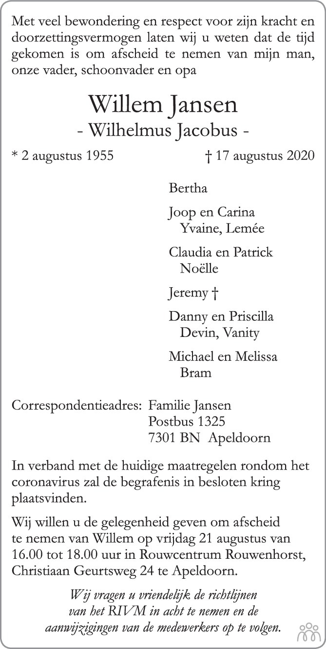 Willem (Wilhelmus Jacobus) Jansen 17-08-2020 overlijdensbericht en ...