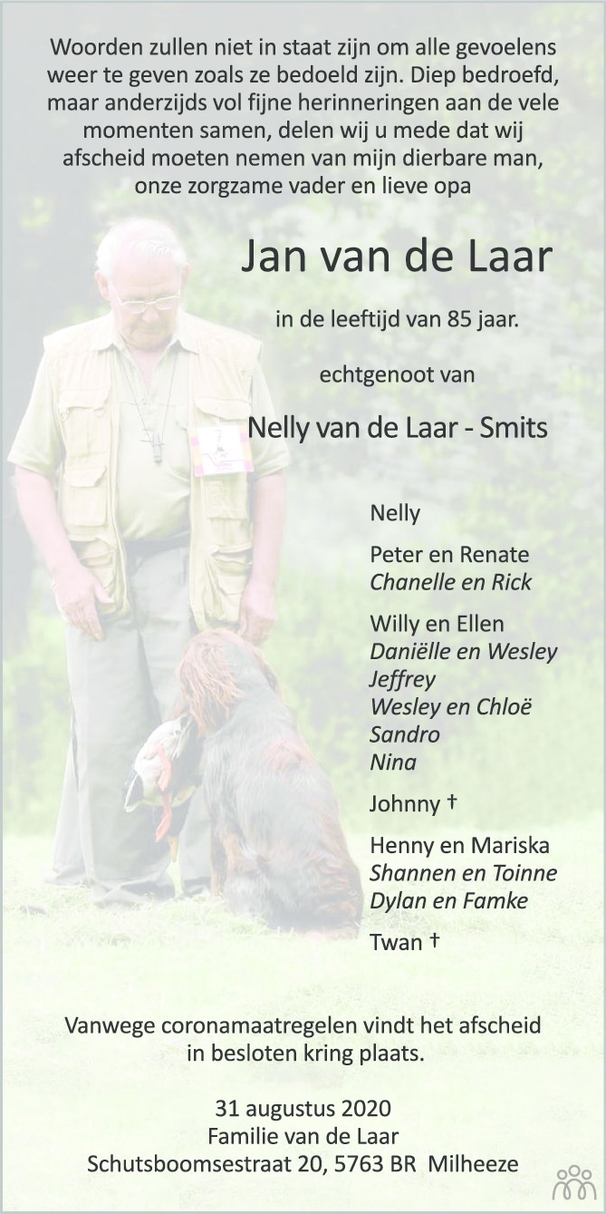 Jan van de Laar 31-08-2020 overlijdensbericht en condoleances ...