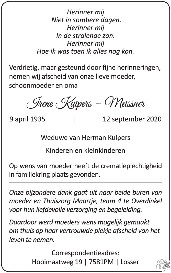Irene Kuipers-Meissner 12-09-2020 overlijdensbericht en condoleances ...