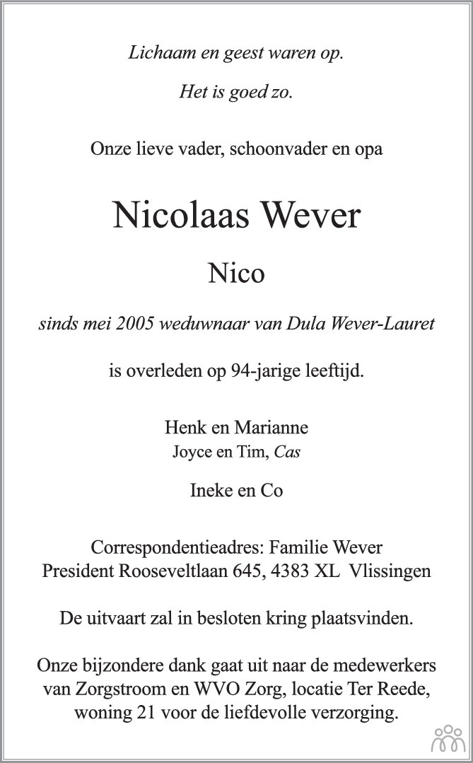 Nicolaas (Nico) Wever 14-09-2020 overlijdensbericht en condoleances ...