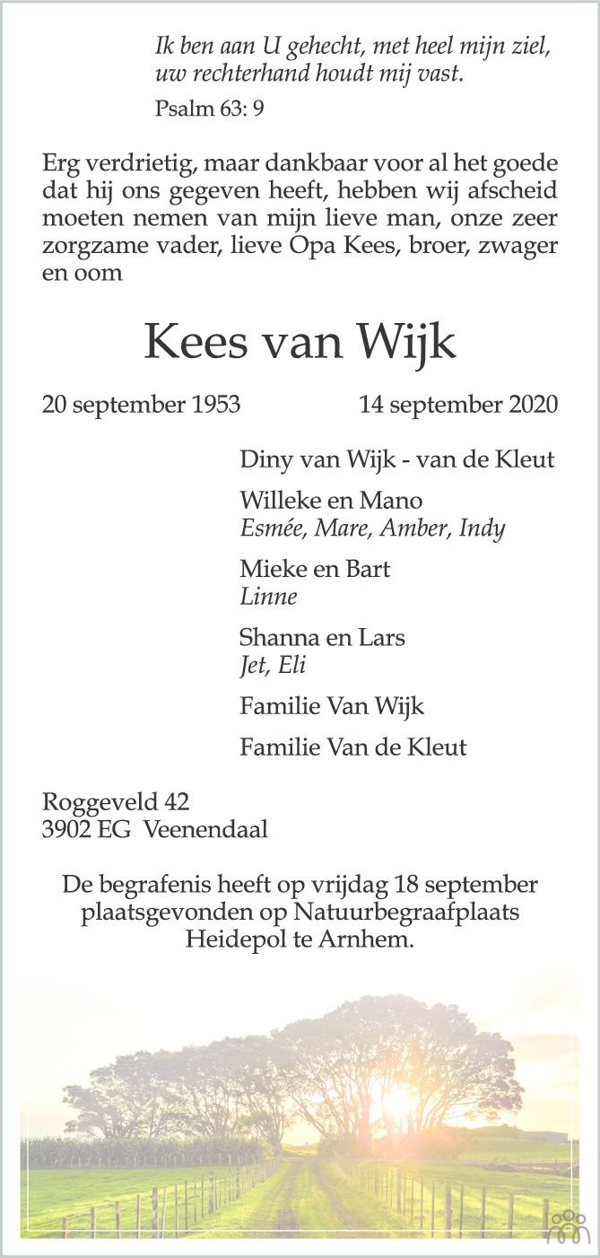 Kees van Wijk 14-09-2020 overlijdensbericht en condoleances - Mensenlinq.nl