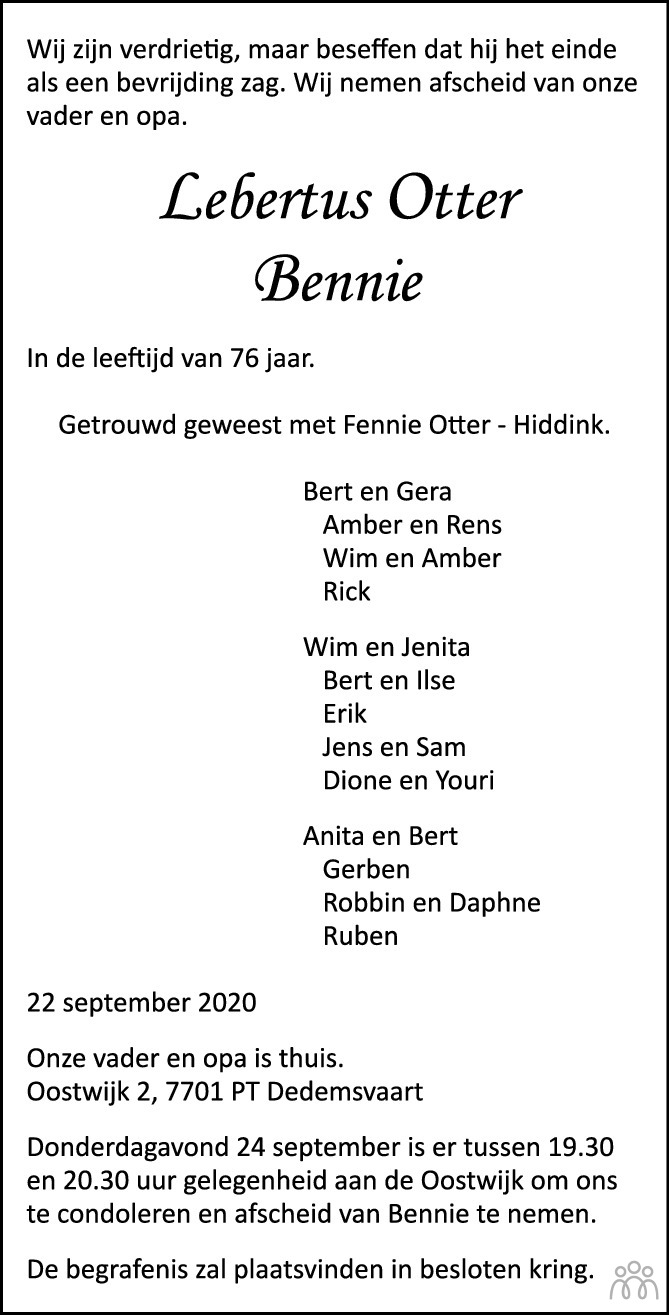 Lebertus (Bennie) Otter 22-09-2020 overlijdensbericht en condoleances ...