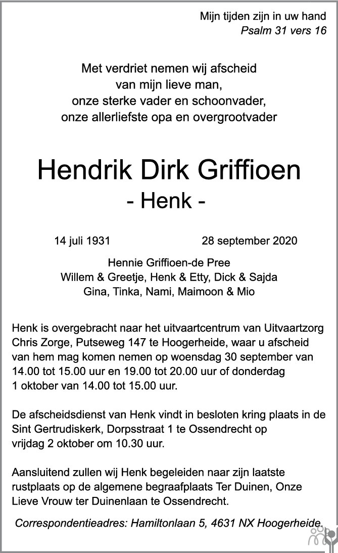 Hendrik Dirk (Henk) Griffioen 28-09-2020 overlijdensbericht en condoleances - Mensenlinq.nl