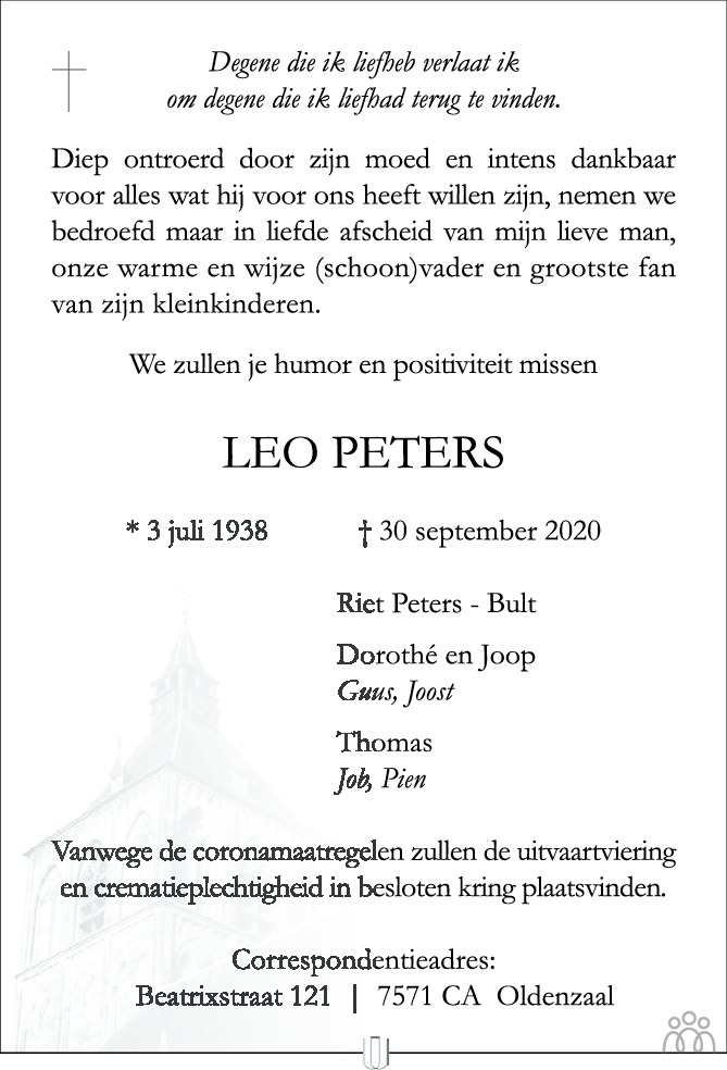 Leo Peters 30-09-2020 overlijdensbericht en condoleances - Mensenlinq.nl