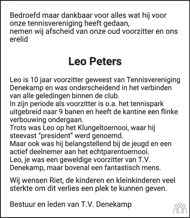 Leo Peters 30-09-2020 overlijdensbericht en condoleances - Mensenlinq.nl