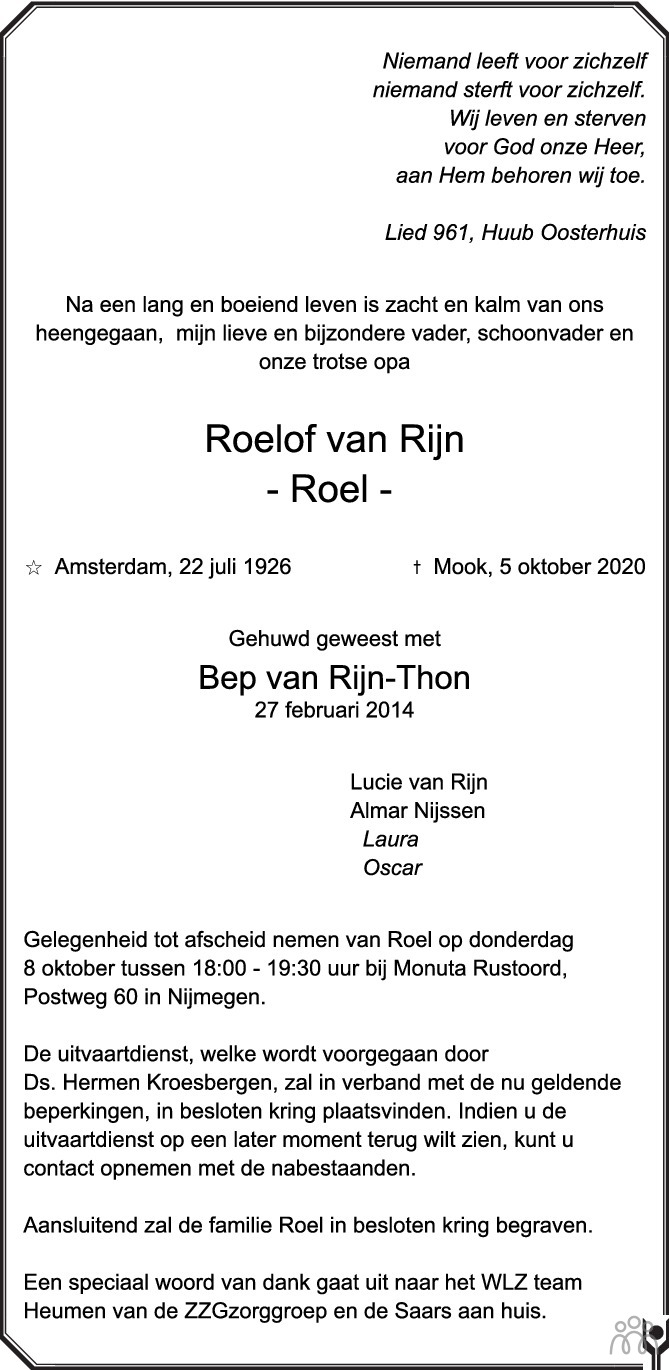 Roelof (Roel) van Rijn 05-10-2020 overlijdensbericht en condoleances ...
