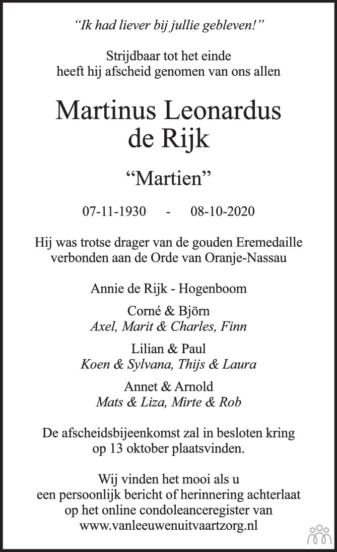 Martinus Leonardus (Martien) de Rijk 08-10-2020 overlijdensbericht en ...