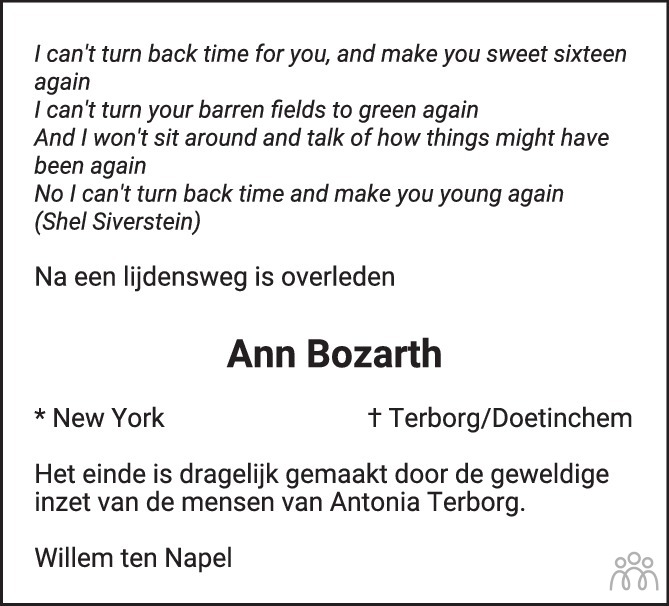 Ann Bozarth 12-10-2020 overlijdensbericht en condoleances - Mensenlinq.nl
