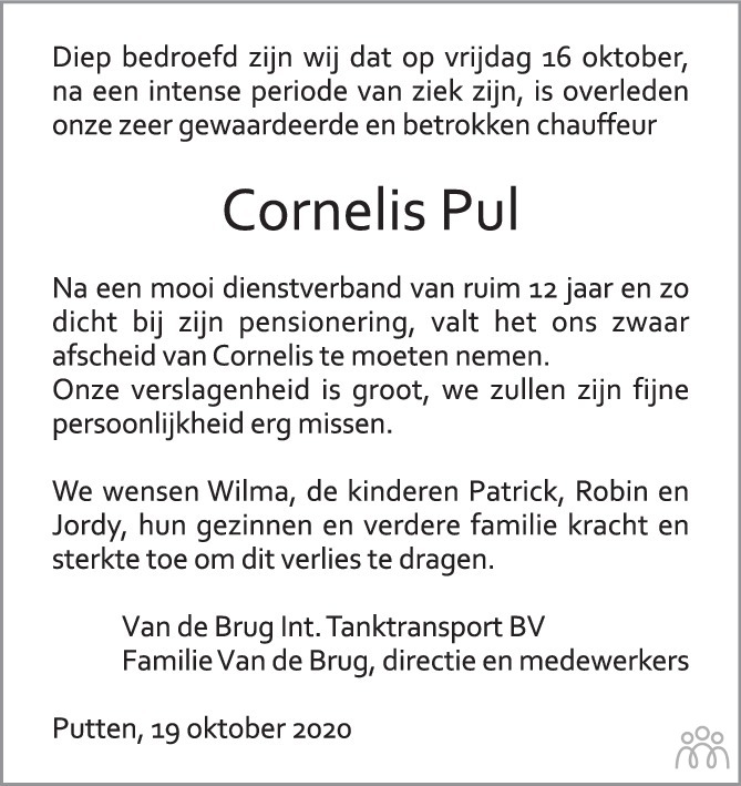 Jan Cornelis Pul 17-10-2020 overlijdensbericht en condoleances ...