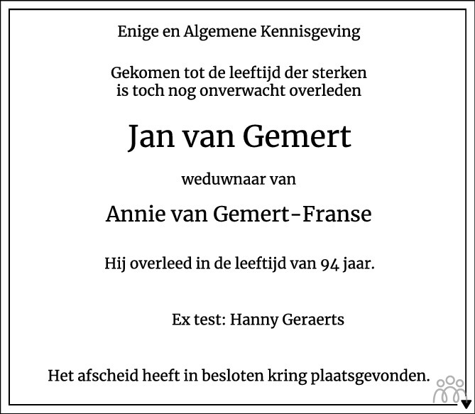 Jan van Gemert 28-10-2020 overlijdensbericht en condoleances - Mensenlinq.nl