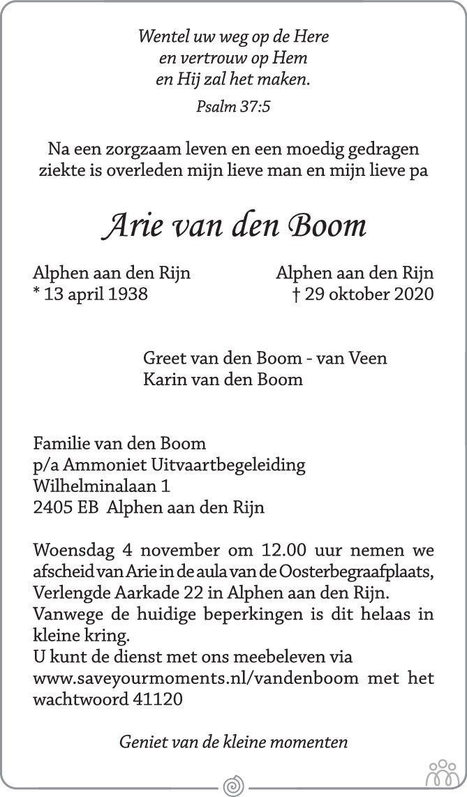 Arie van den Boom 29-10-2020 overlijdensbericht en condoleances ...