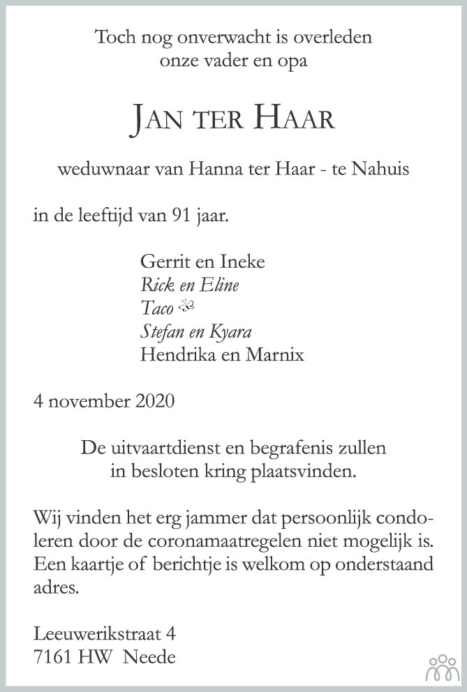 Jan ter Haar 04-11-2020 overlijdensbericht en condoleances - Mensenlinq.nl