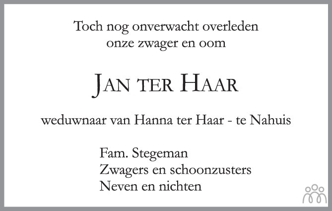 Jan ter Haar 04-11-2020 overlijdensbericht en condoleances - Mensenlinq.nl