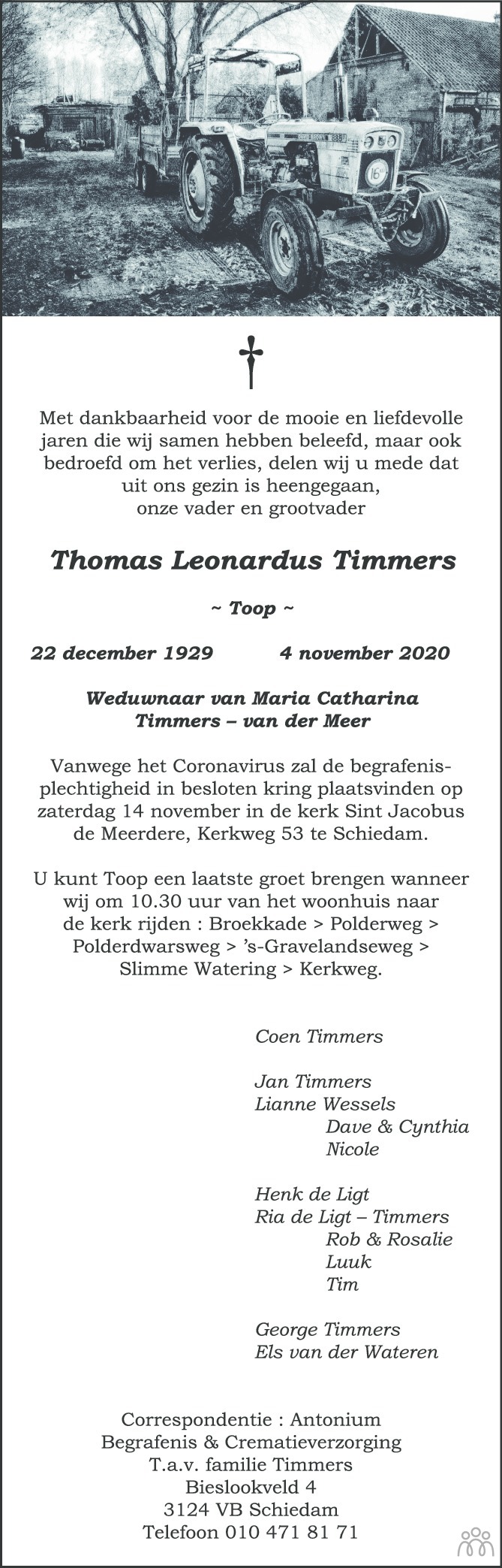 Thomas Leonardus (Toop) Timmers 04-11-2020 overlijdensbericht en ...