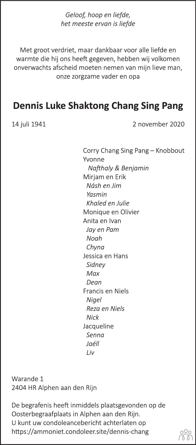 Dennis Luke Shaktong Chang Sing Pang 02-11-2020 overlijdensbericht en ...