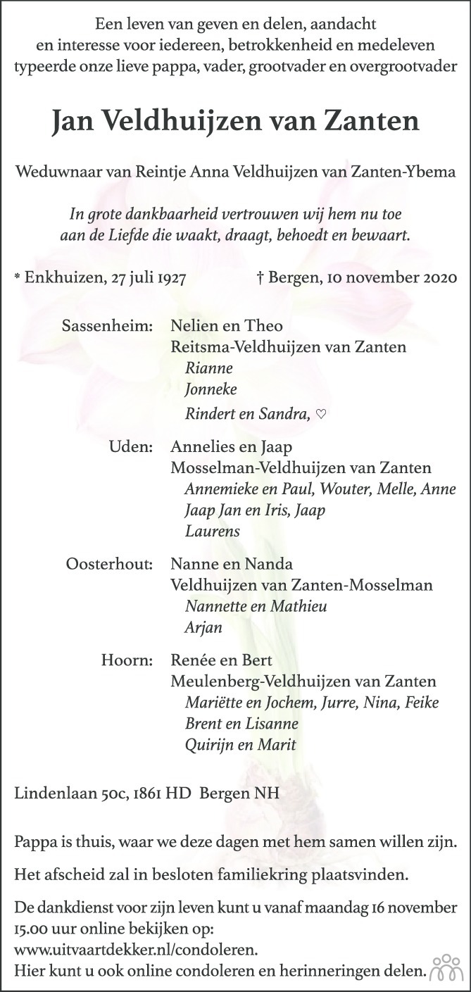Jan Veldhuijzen- van Zanten 10-11-2020 overlijdensbericht en ...