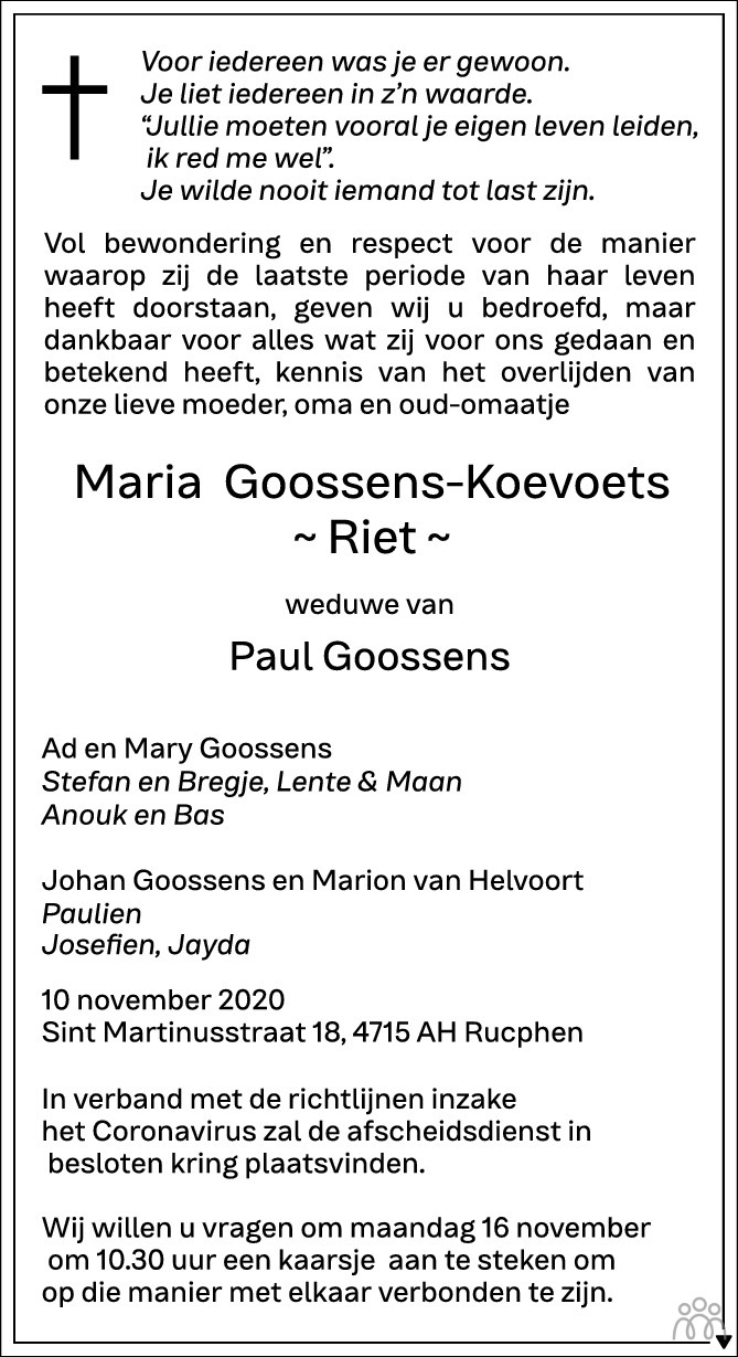 Maria (Riet) Goossens-Koevoets 10-11-2020 overlijdensbericht en ...