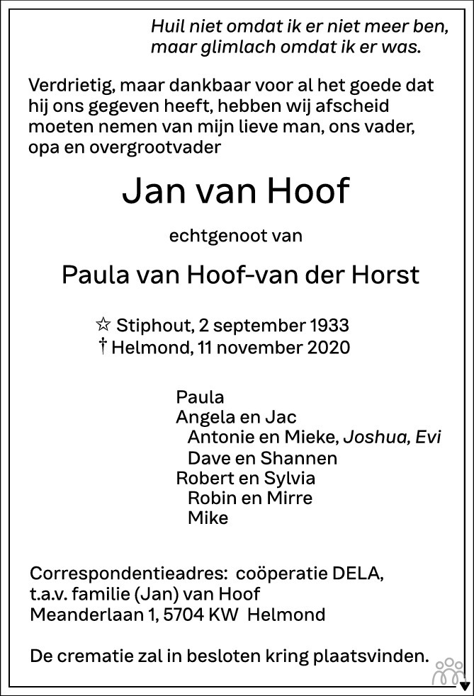 Jan van Hoof 11-11-2020 overlijdensbericht en condoleances - Mensenlinq.nl