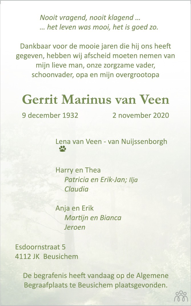 Gerrit Marinus van Veen 02-11-2020 overlijdensbericht en condoleances - Mensenlinq.nl